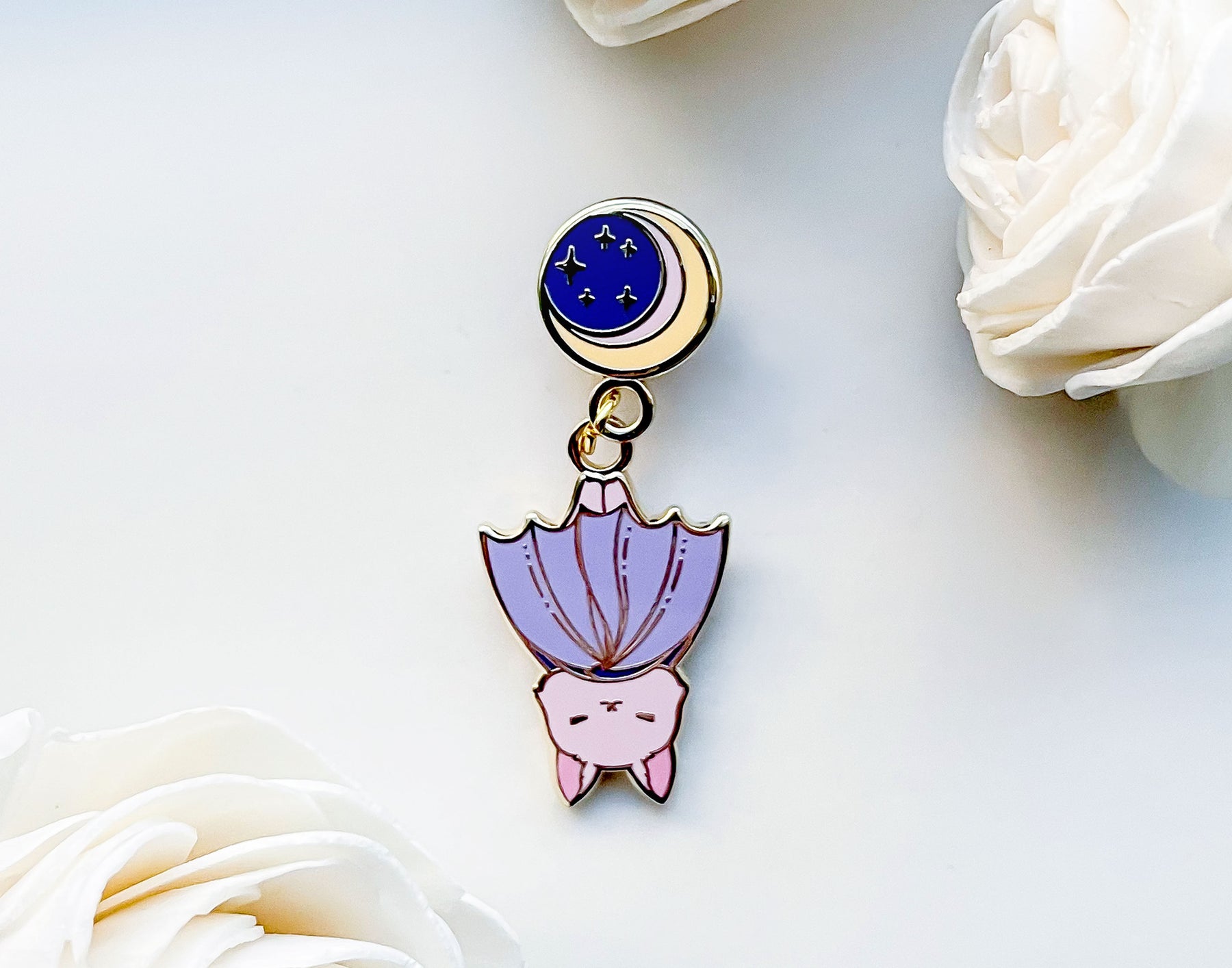 Moon Hanging Baby Bat Enamel Pin – Alum and Ink